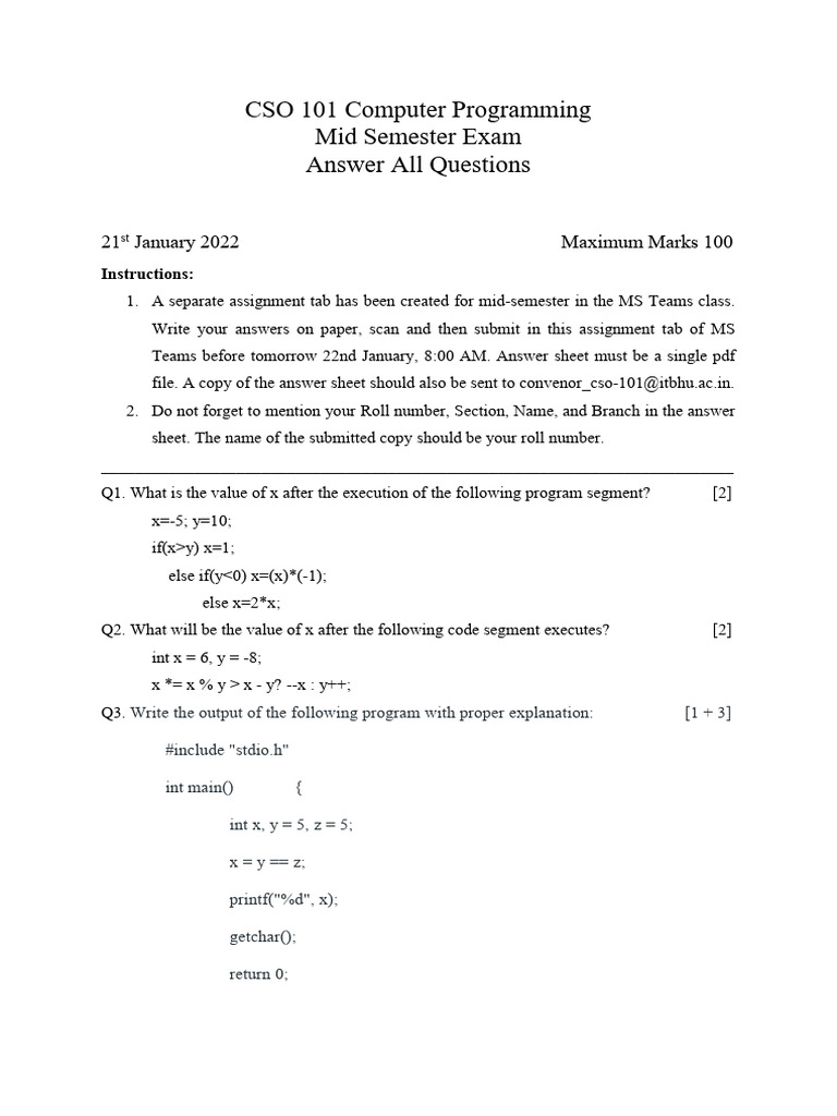 CSO 101 Question Paper Mid Sem | PDF