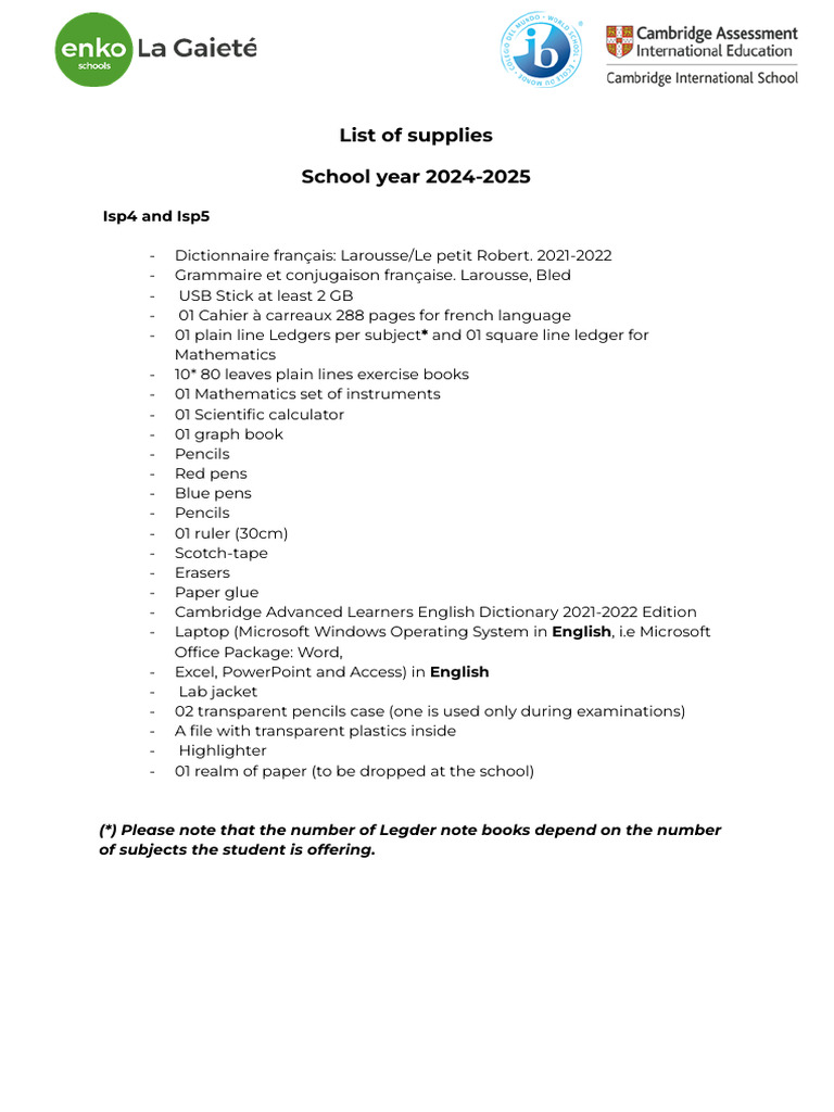 ELGIS-List of Supplies ISP4&ISP5 2024-2025 | PDF