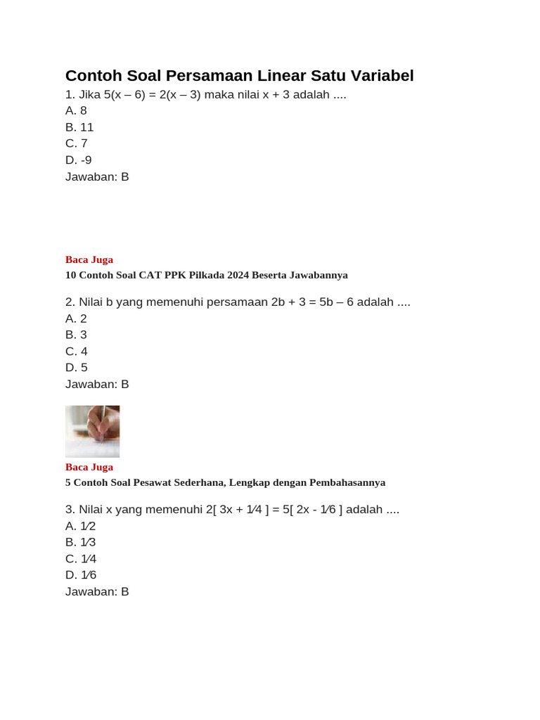 Contoh Soal Persamaan Linear Satu Variabel | PDF