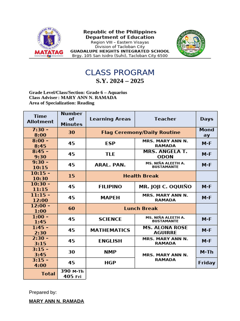 Teacher and Class Program SY24 25 | PDF