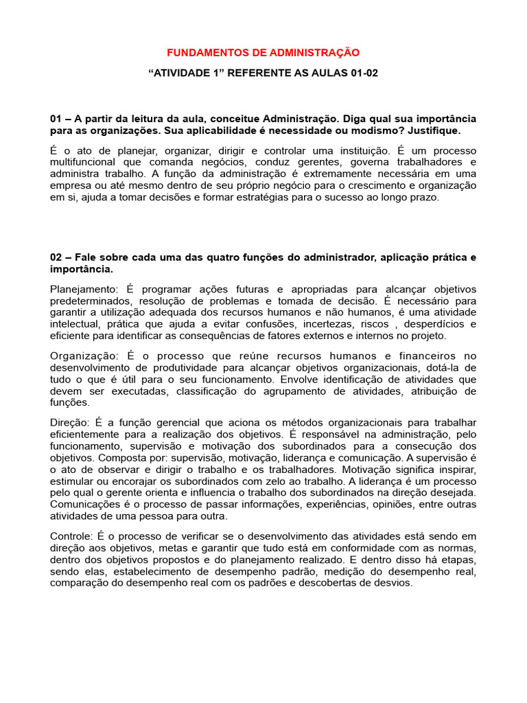 Atividade Aula 1 e 2 Adm Ead 1sem | PDF