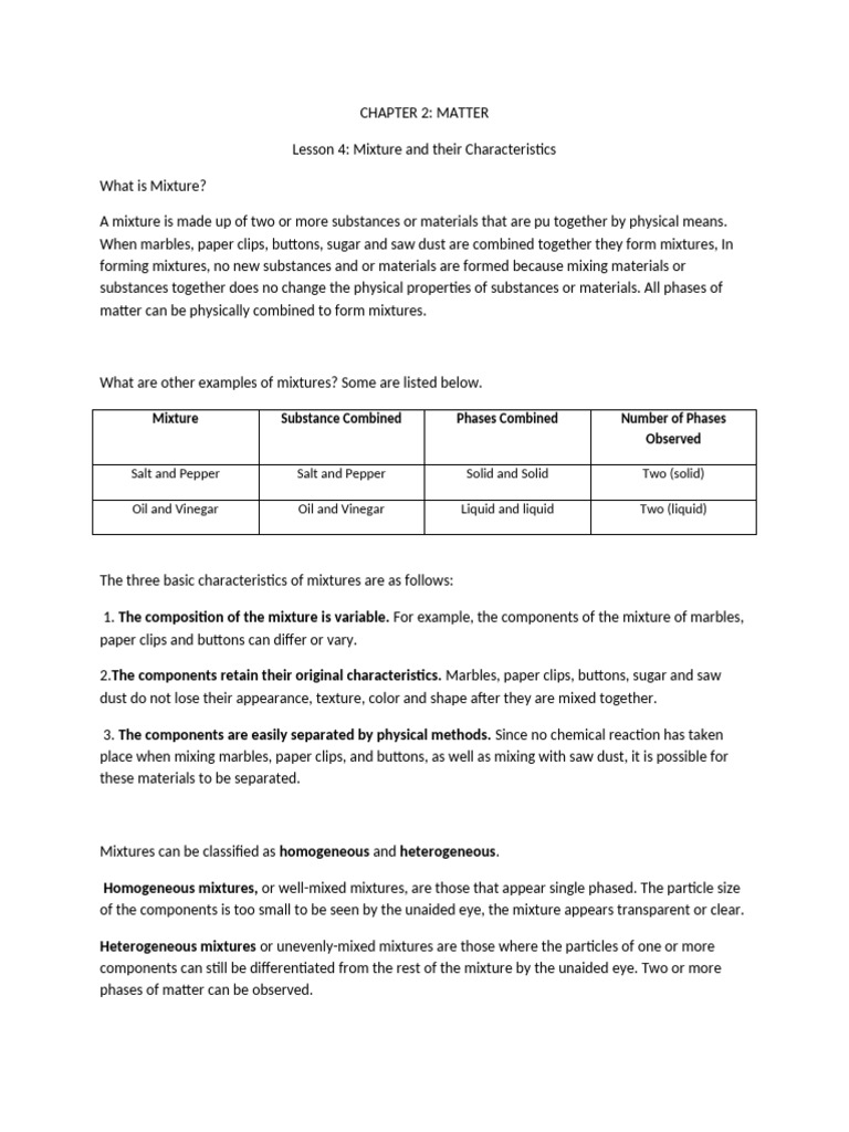 Lesson 4 Mixture and Their Characteristics | PDF
