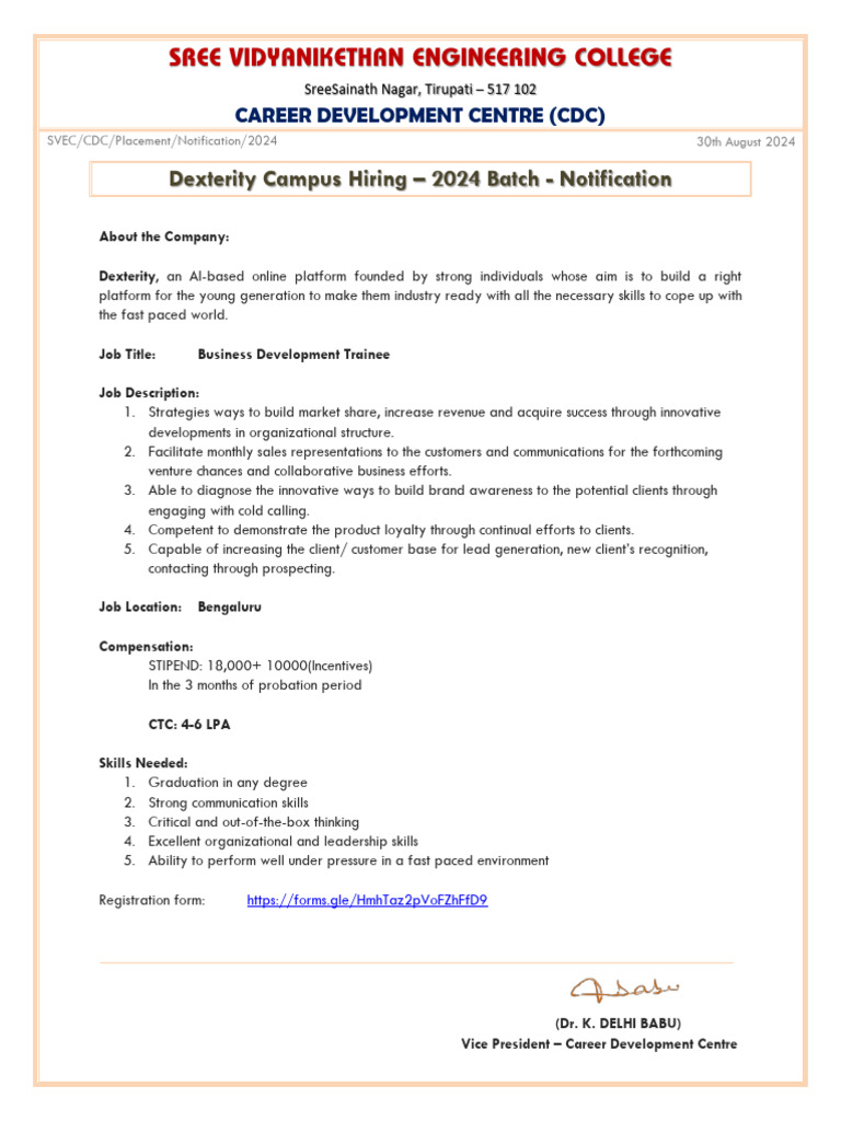 Dexterity Campus Recruitment - 2024 Batch - SVEC - Notification | PDF