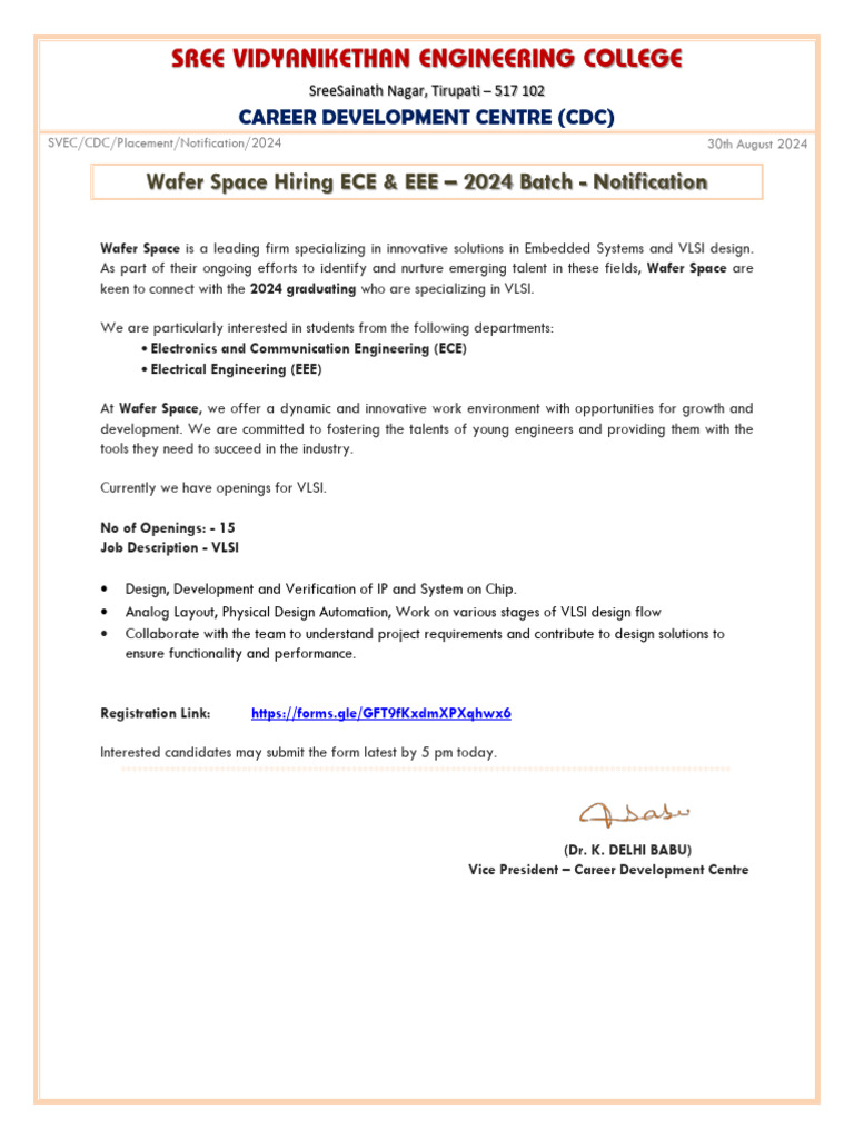 Wafer Space Hiring ECE & EEE Campus Recruitment 2024 Batch SVEC Notification | PDF