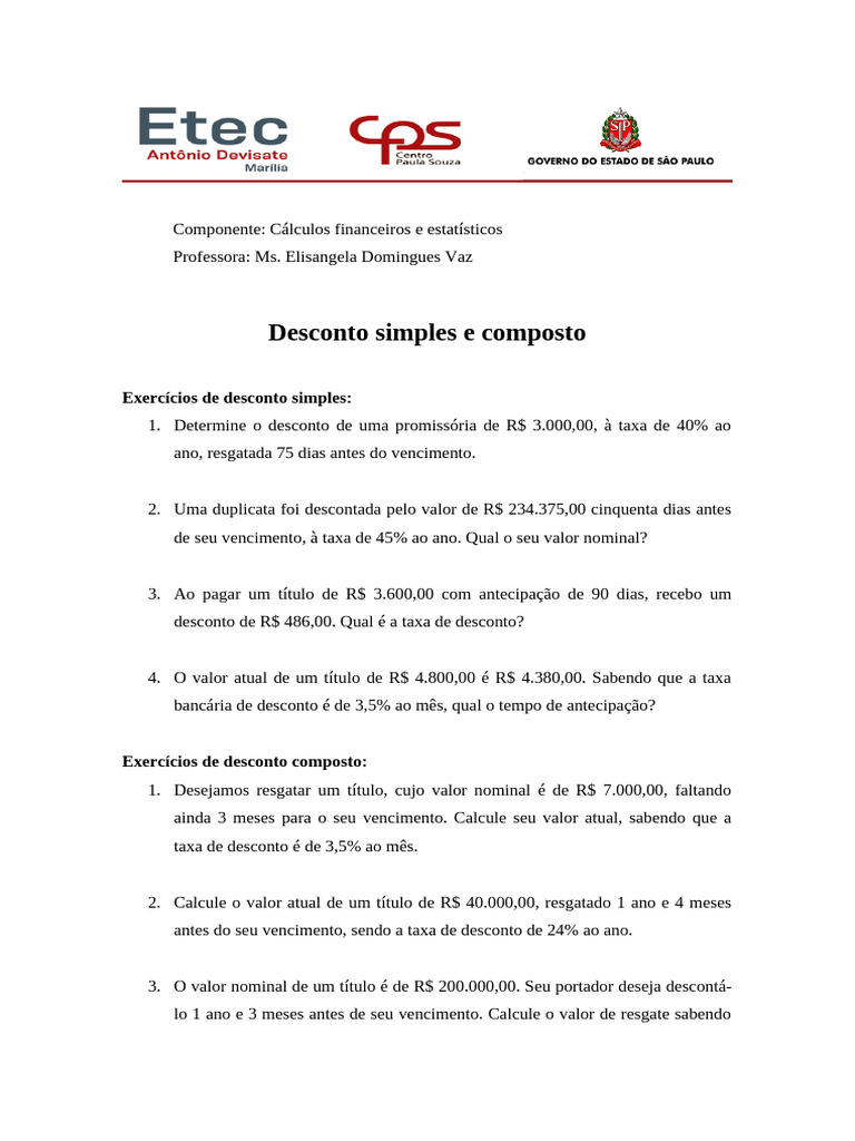 Atividade - Desconto Simples e Composto - 13 de Novembro | PDF