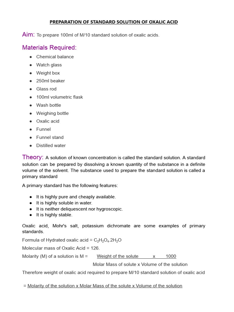 Preparation of Standard Solution of Oxalic Acid | PDF