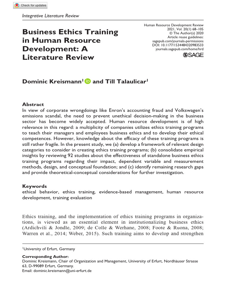 Business Ethics Training in Human Resource Development: A Literature ...