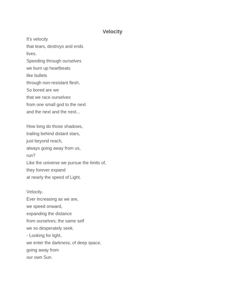 Poem About Speed, Velocity and Acceleration | PDF | Speed Of Light