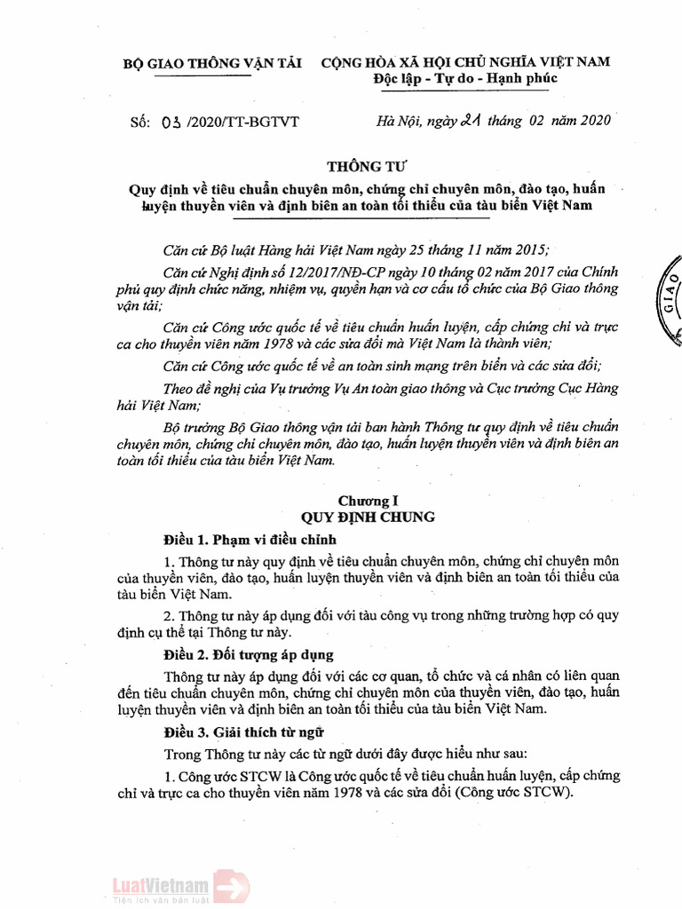 TT-03-2020 Tieu Chuan Chuyen Mon Chung Chi Dao Tao Dinh Bien An Toan Toi Thieu | PDF