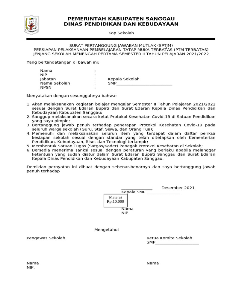 Contoh Format SPTJM PTM Terbatas Sem Ii TP 2021 - 2022 | PDF