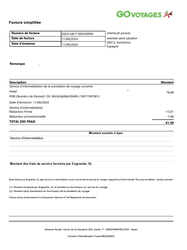 Facture d'Hôtel Engrande SL 2024 | PDF