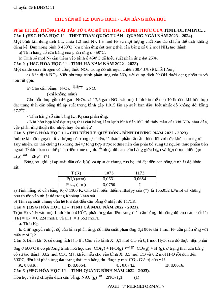 HSG 11 CHUYÊN ĐỀ 1.2- DUNG DỊCH - CÂN BẰNG HOÁ HỌC | PDF