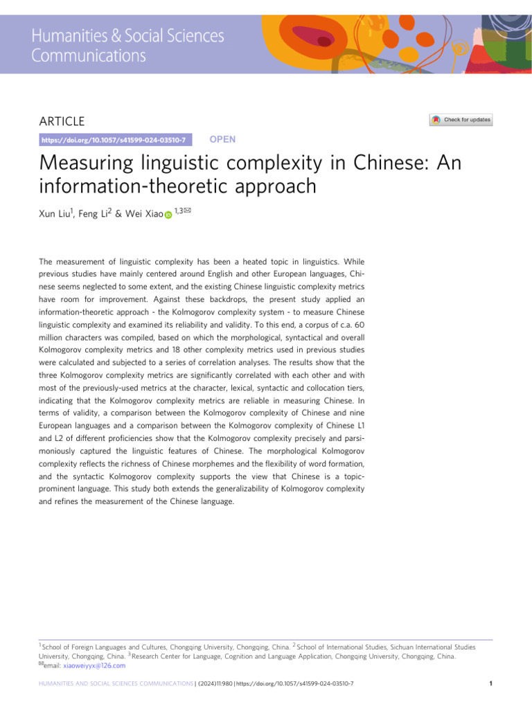 Measuring Linguistic Complexity in Chinese | PDF