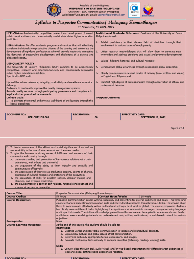 Purposive Communication Syllabus 2024-2025 | PDF | Communication