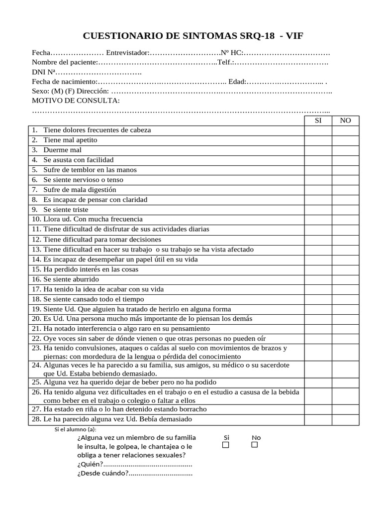 Cuestionario de Síntomas SRQ-18 | PDF