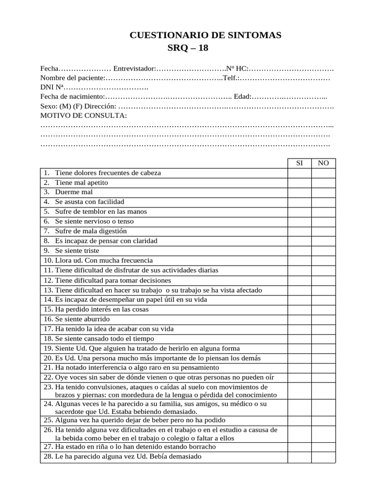 Cuestionario de Sintomas SRQ 18 | PDF