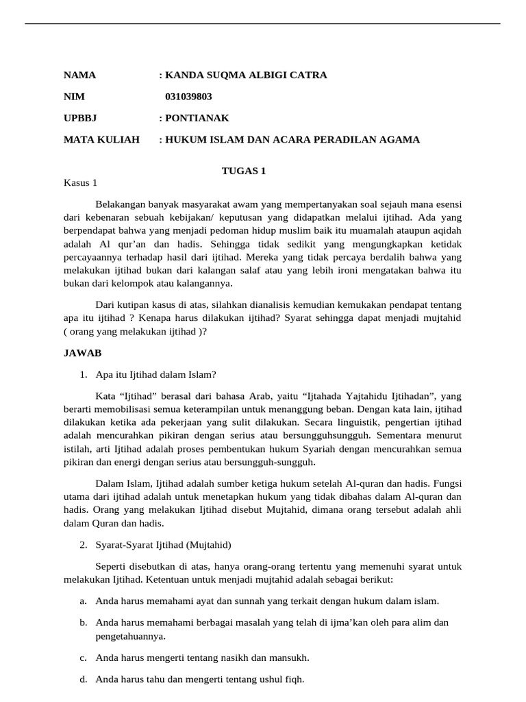 Tugas 1 - Hukum Islam Dan Acara Peradilan Agama - Kanda Suqma Albigi Catra | PDF