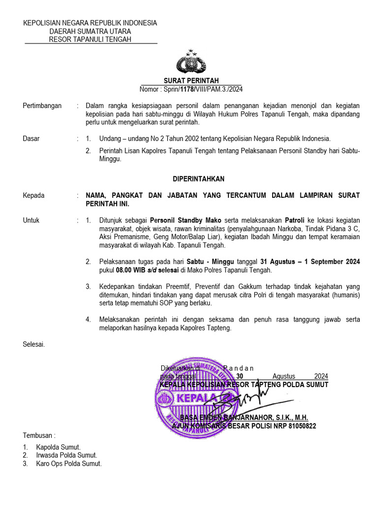 Sprin Standby Sabtu-Minggu, TGL 31 Agustus - 1 September 2024 | PDF