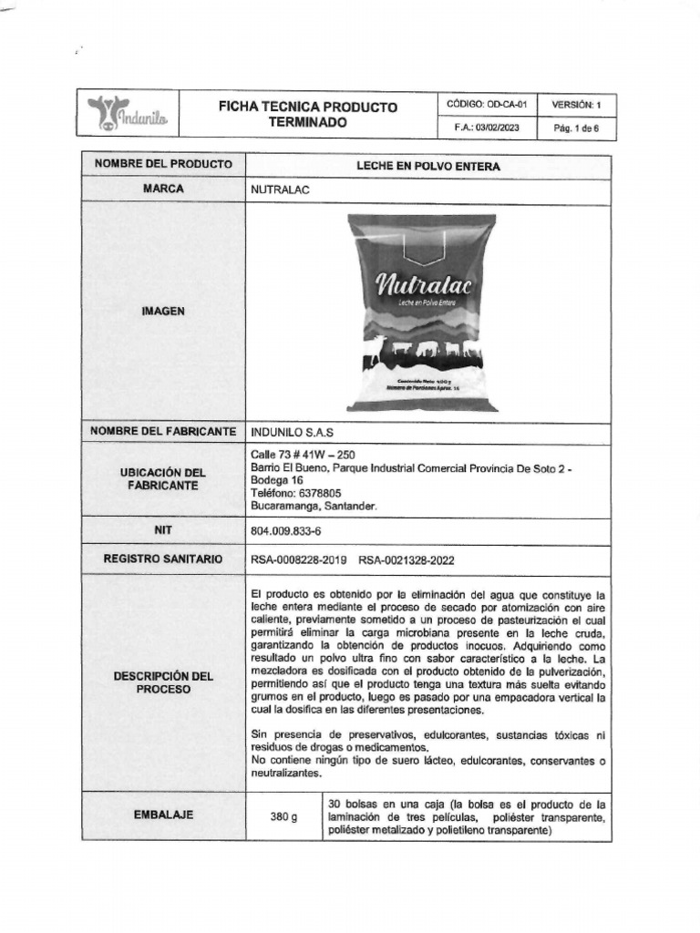 Fichas Tecnica Lácteos | PDF