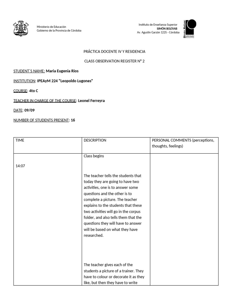 CLASSROOM OBSERVATION REGISTER Example | PDF
