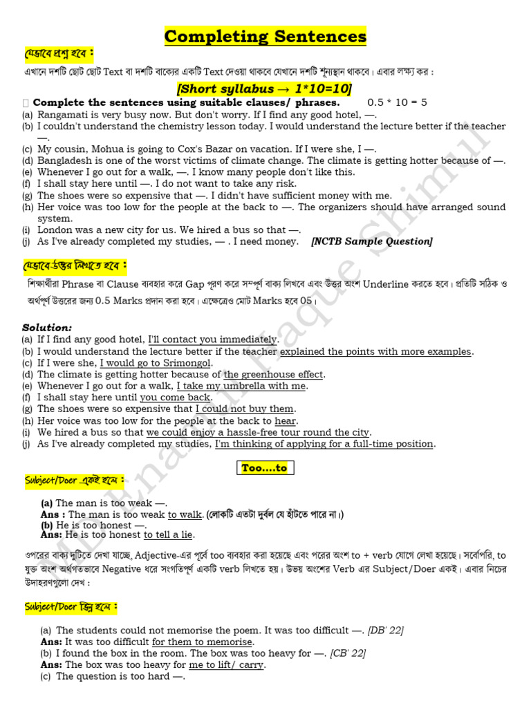 Completing Sentences HSC English 2nd PAPER | PDF | Subject (Grammar) | Verb