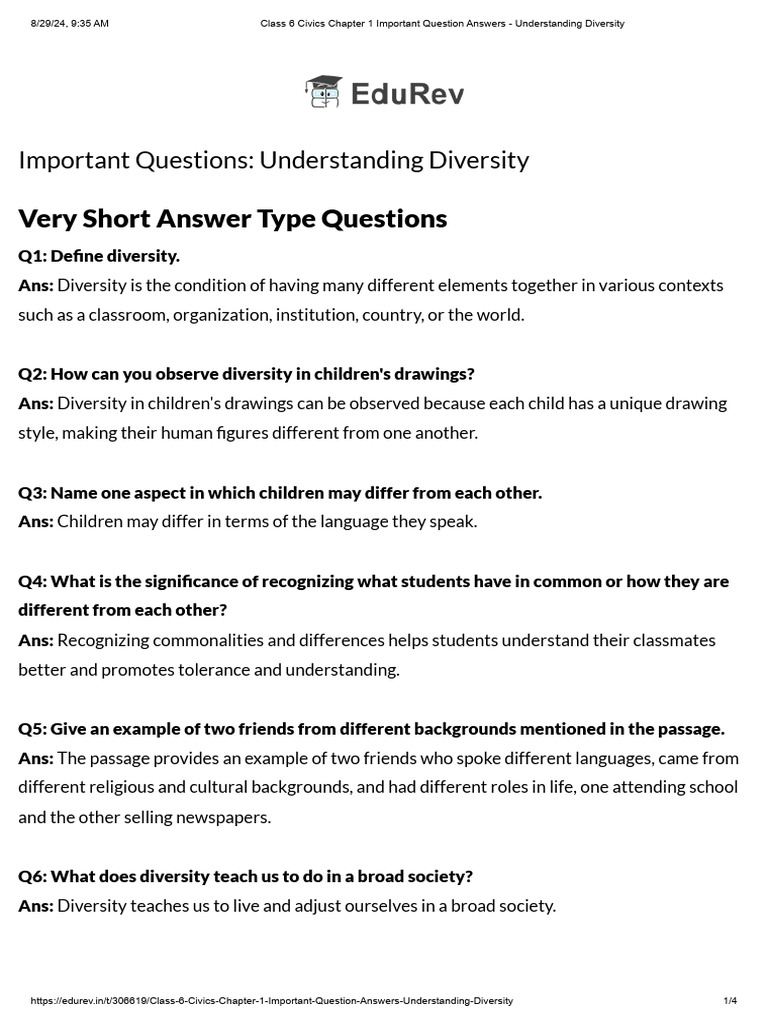 Important Question Answers - Understanding Diversity | PDF