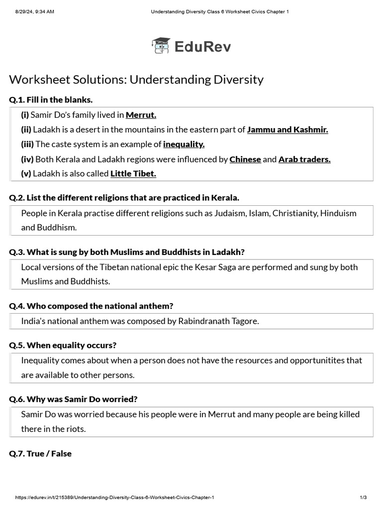 Understanding Diversity Class 6 Worksheet Civics Chapter 1 | PDF