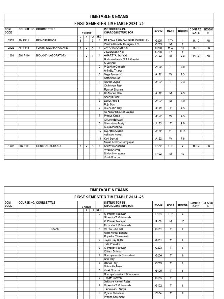 Draft Timetable First Semester 2024 - 25 | PDF