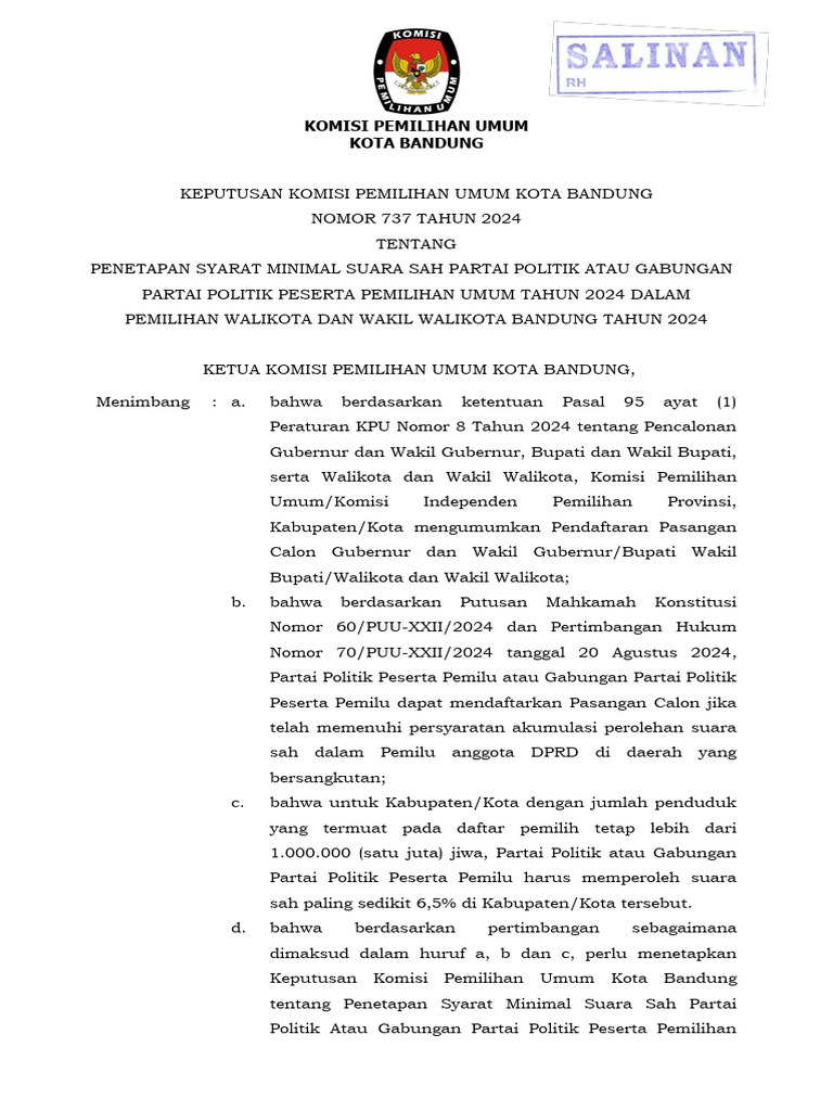 SK Penetapan Syarat Mnimal Suara Sah Fix 24082024 | PDF