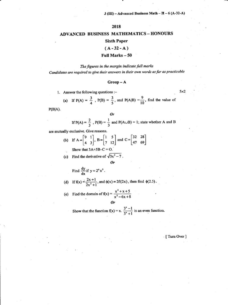 CU-2018 B. Com. (Honours) Advanced Business Mathematics Paper-VI QP | PDF