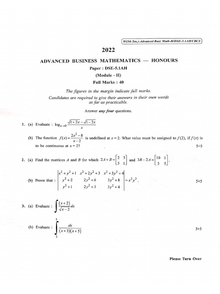 CU-2022 B. Com. (Honours) Advanced Business Mathematics Semester-5 Paper-DSE-5.1AH QP | PDF
