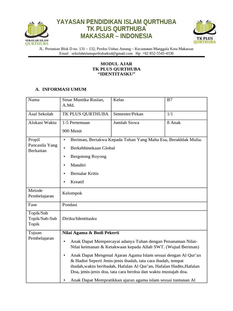 01 Modul Ajar Identitasku | PDF