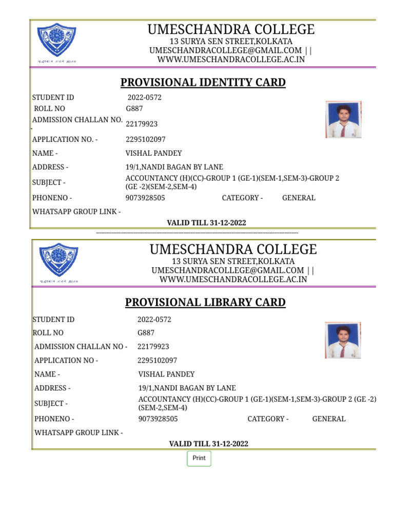 Umeschandra College: Provisional Identity Card | PDF
