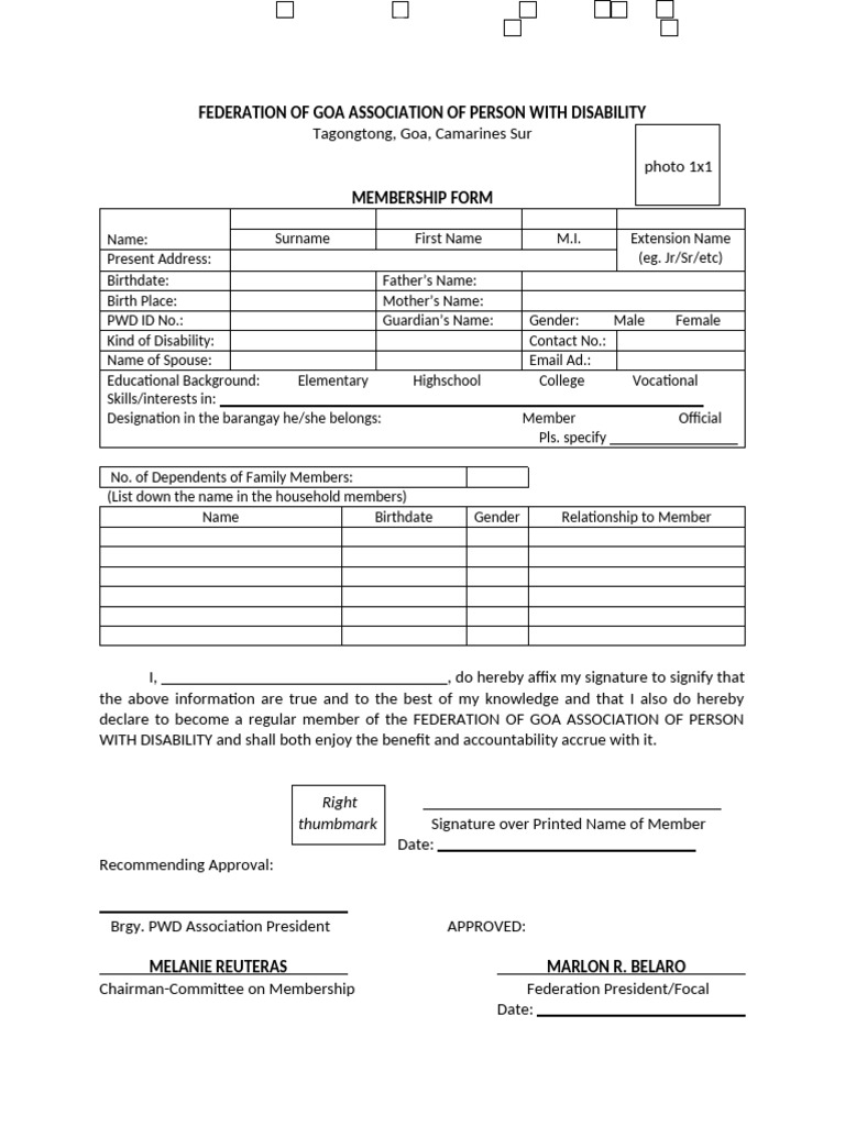 Membership Form for PWD Federation | PDF | Wellness