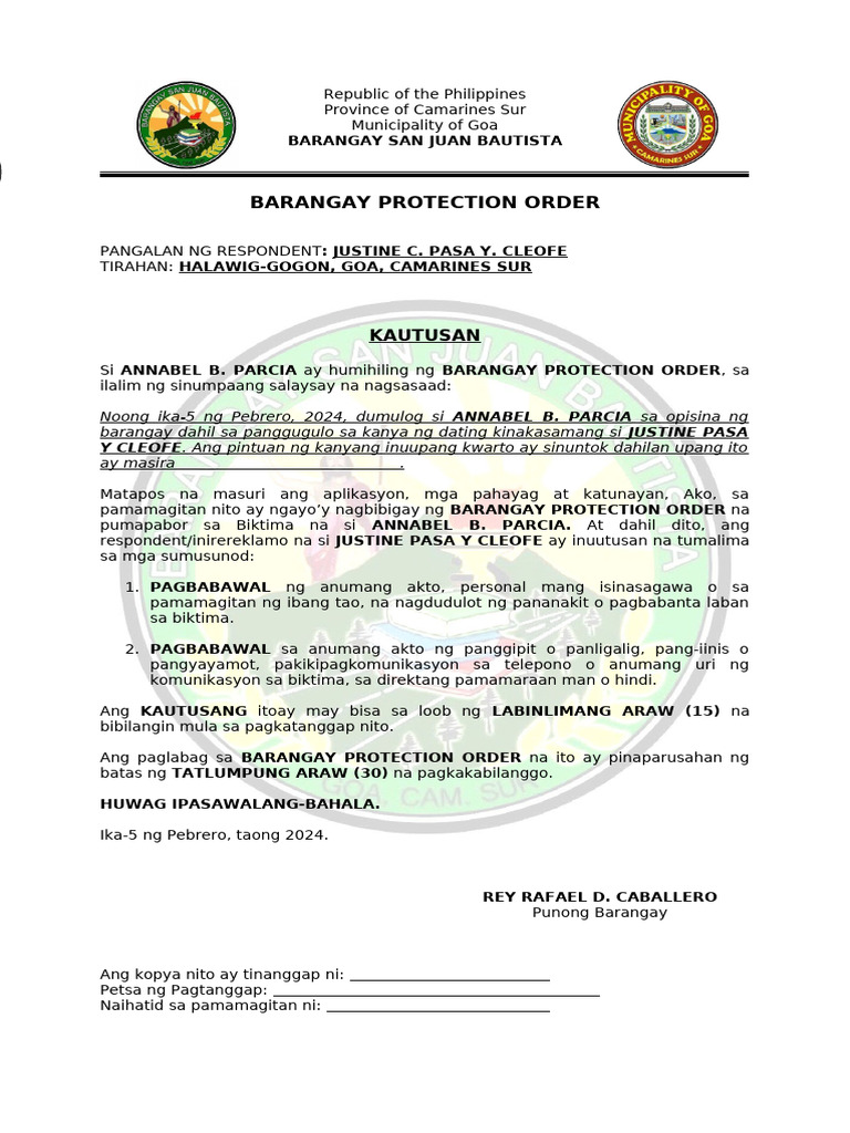 Barangay Protection Order: Kautusan | PDF