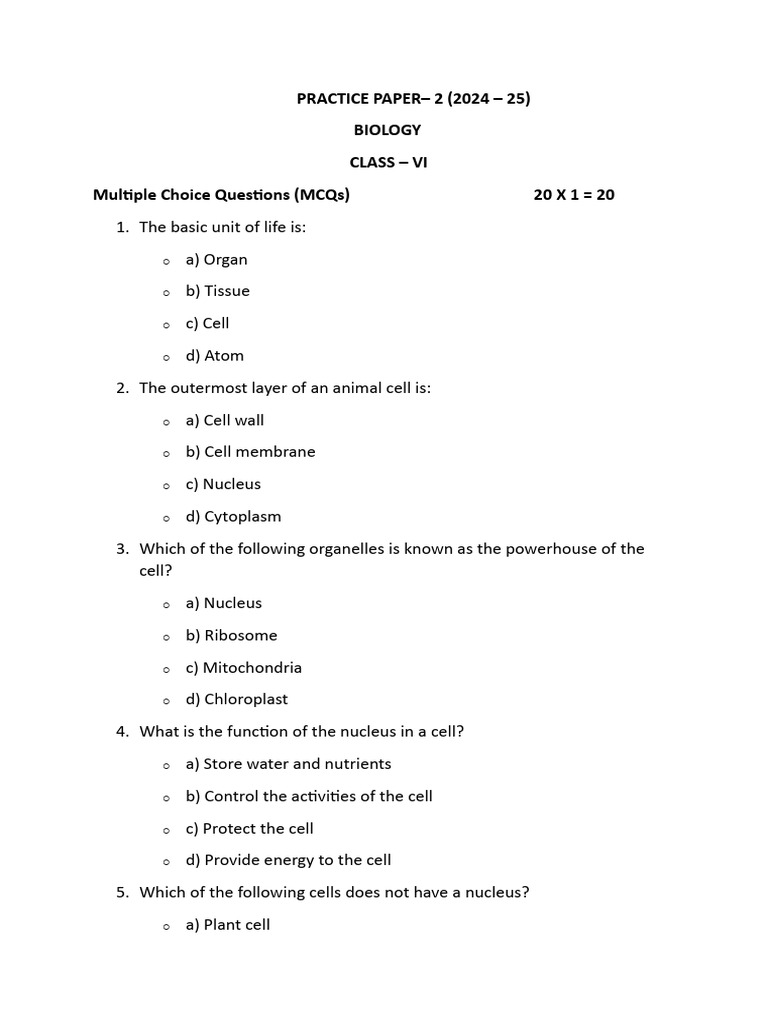 Class VI Biology MCQs and Answers | PDF | Digestion | Cell (Biology)