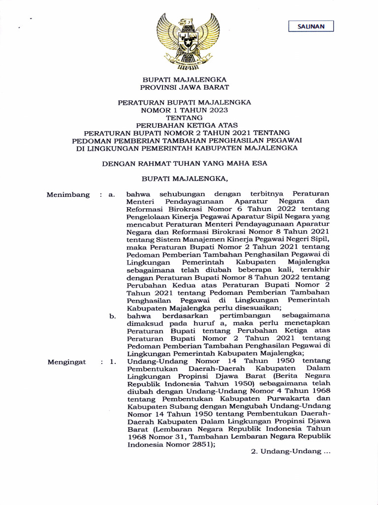 Perbup 2023 - 1 Perubahan Ke3 Perbup TPP | PDF