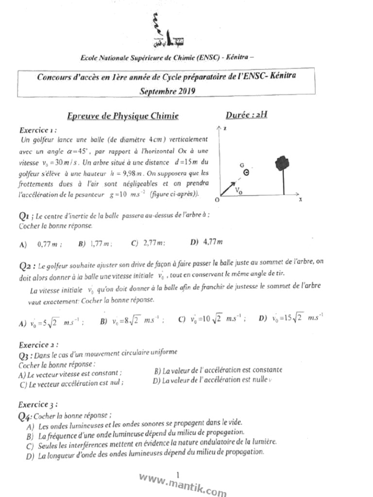 Concours ENSC Kenitra 2019 Epreuve Physique Chimie | PDF
