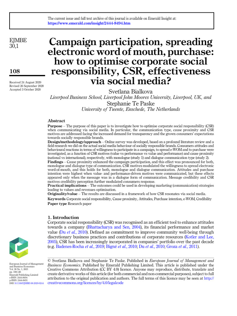 E-WOM Campaign Participation | PDF | Corporate Social Responsibility ...