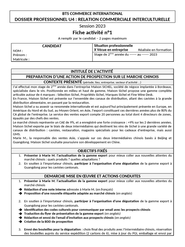 Fiche Activité N°1: Dossier Professionnel U4: Relation Commerciale Interculturelle | PDF