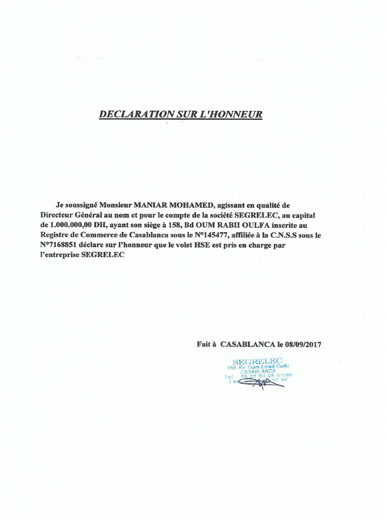 Declaration Honneur HSE | PDF