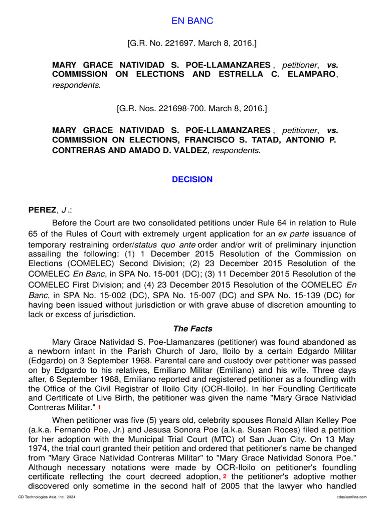 2016-Poe-Llamanzares v. Commission On Elections | PDF | Judge | Elections