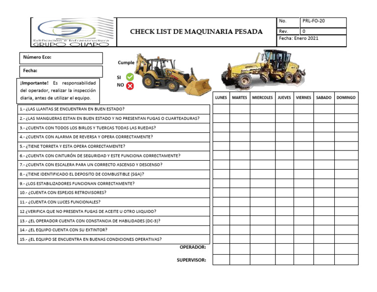 Prl-Fo-20 Check List de Maquinaria Pesada | PDF