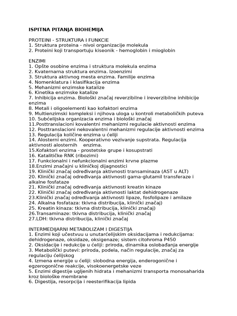 Ispitna Pitanja Biohemija | PDF