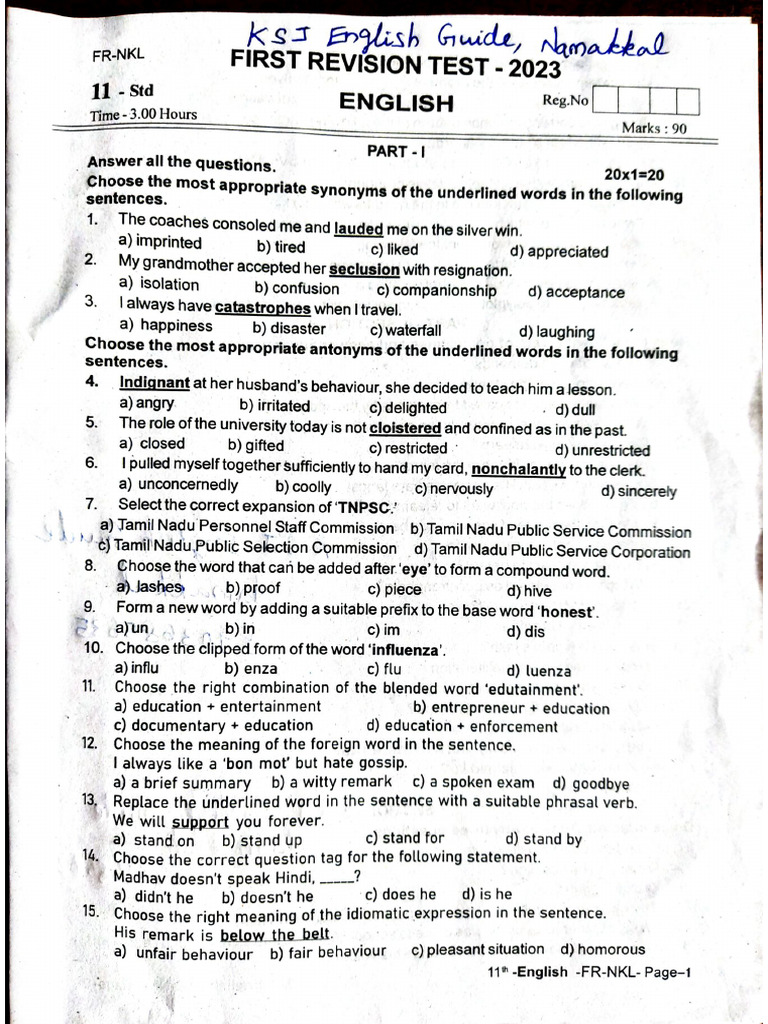 11 Eng I Rev. Test - Namakkal | PDF