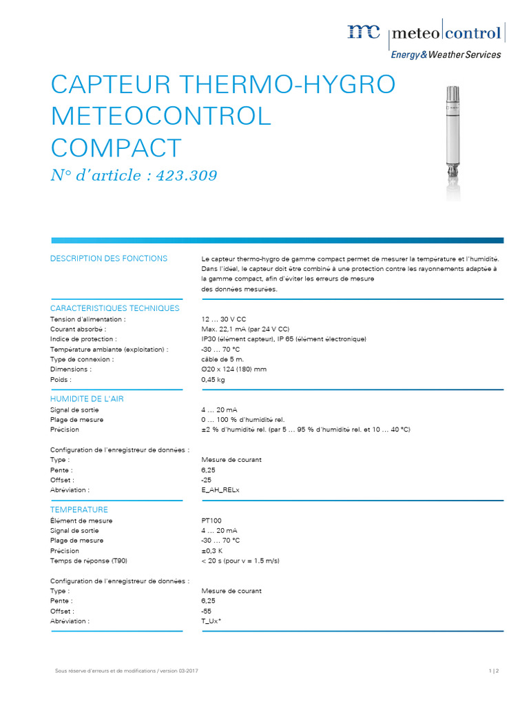 DB Hygro Thermo Sensor MC Compact FR | PDF