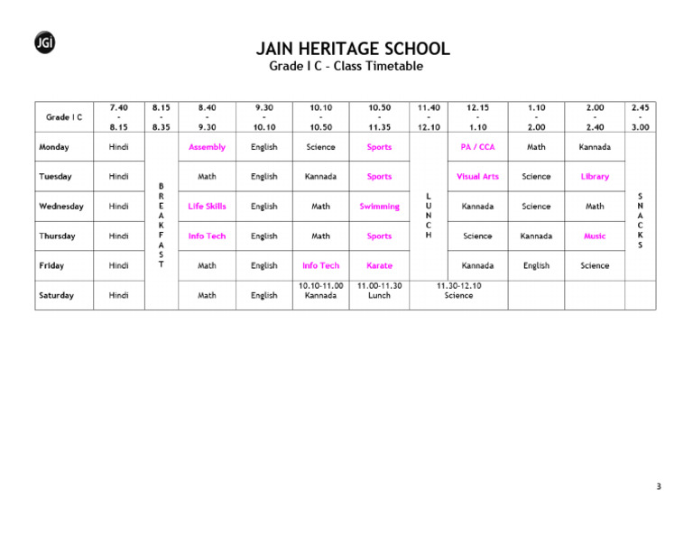 Grade 1C - Timetable | PDF