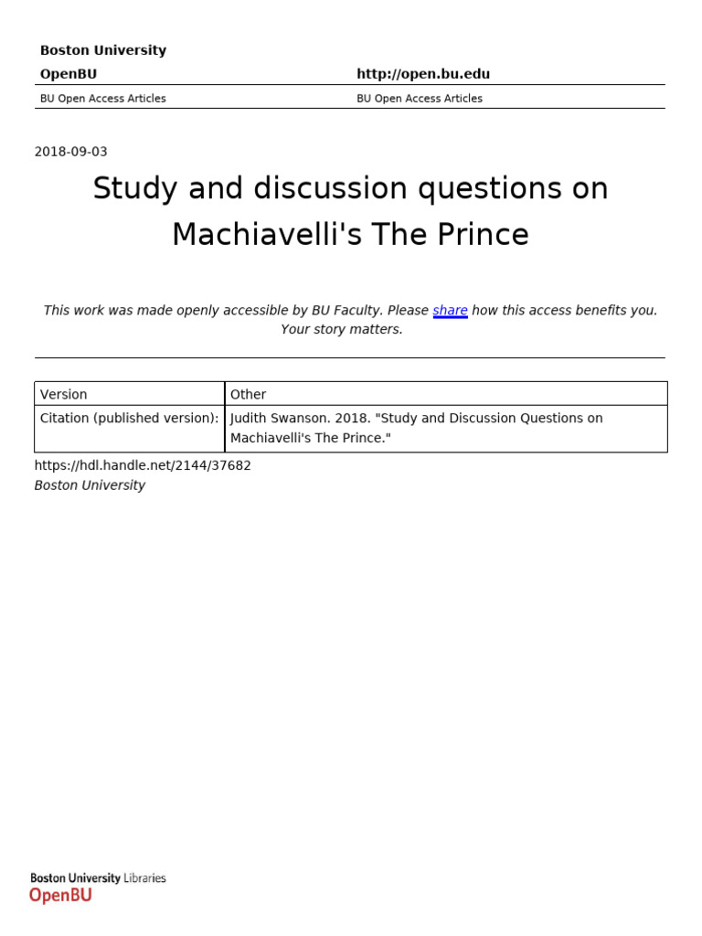 Machiavelli ThePrince Questions Swason2018 | PDF | The Prince | Niccolò ...