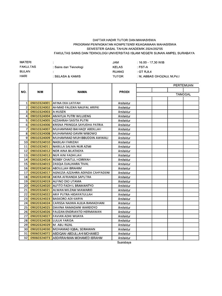 Daftar Kelas Ma'Had FST 2024-2025-1 | PDF