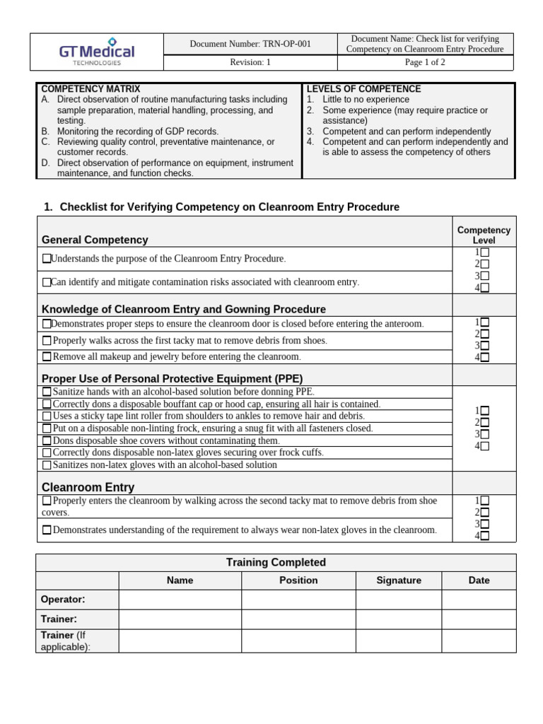 Cleanroom Entry Competency Checklist | PDF | Personal Protective Equipment
